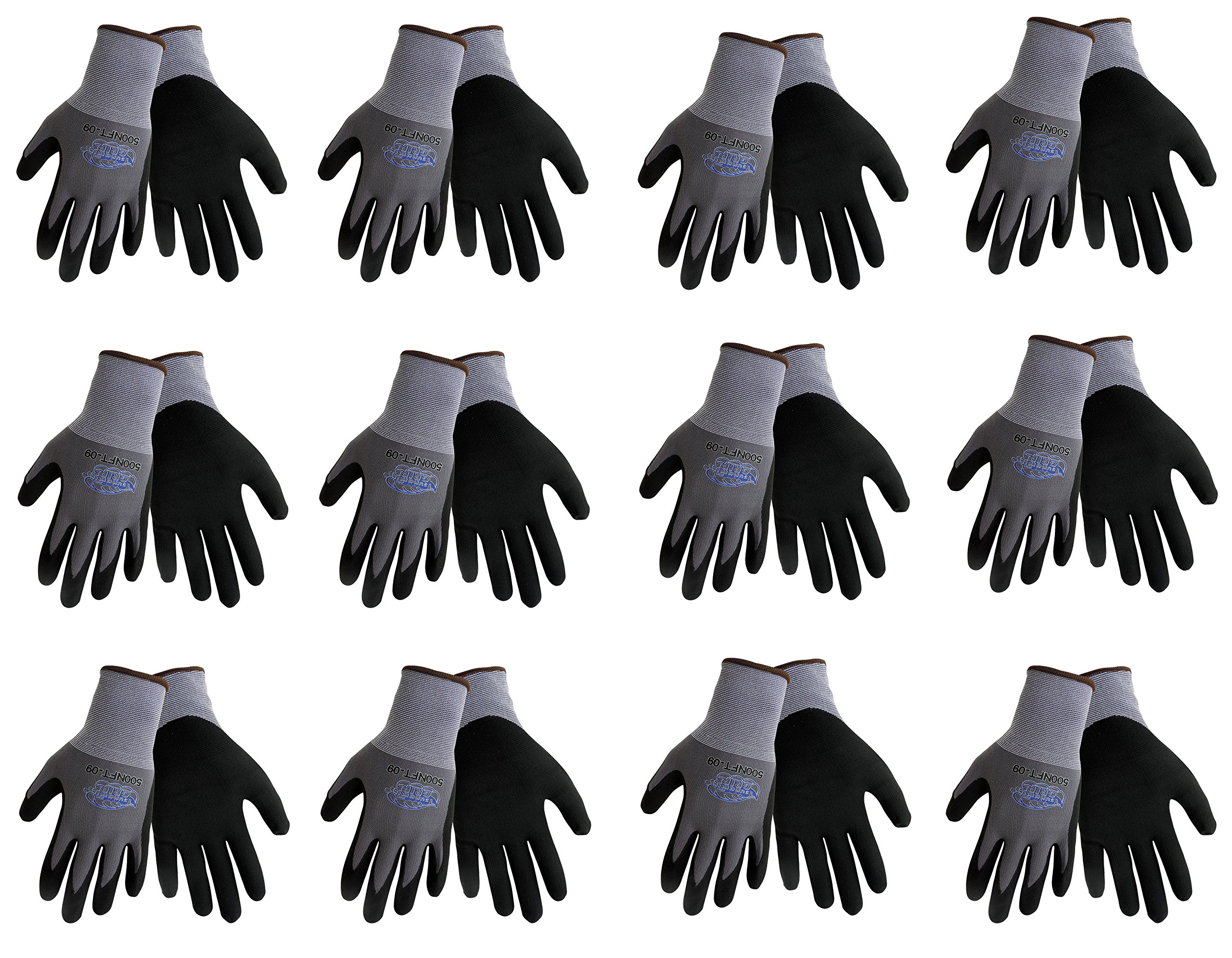 Tsunami Grip 500NFT Nitrile Coated Work Gloves Sizes Small-XL, Gray/Black, (12 Pair Pack) (Large)