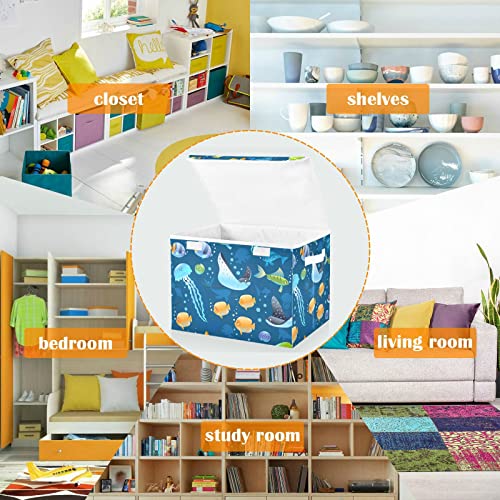 CaTaKu Blue Sea Fish Storage Bins with Lids and Handles, Fabric Large Storage Container Cube Basket with Lid Decorative Storage Boxes for Organizing Clothes