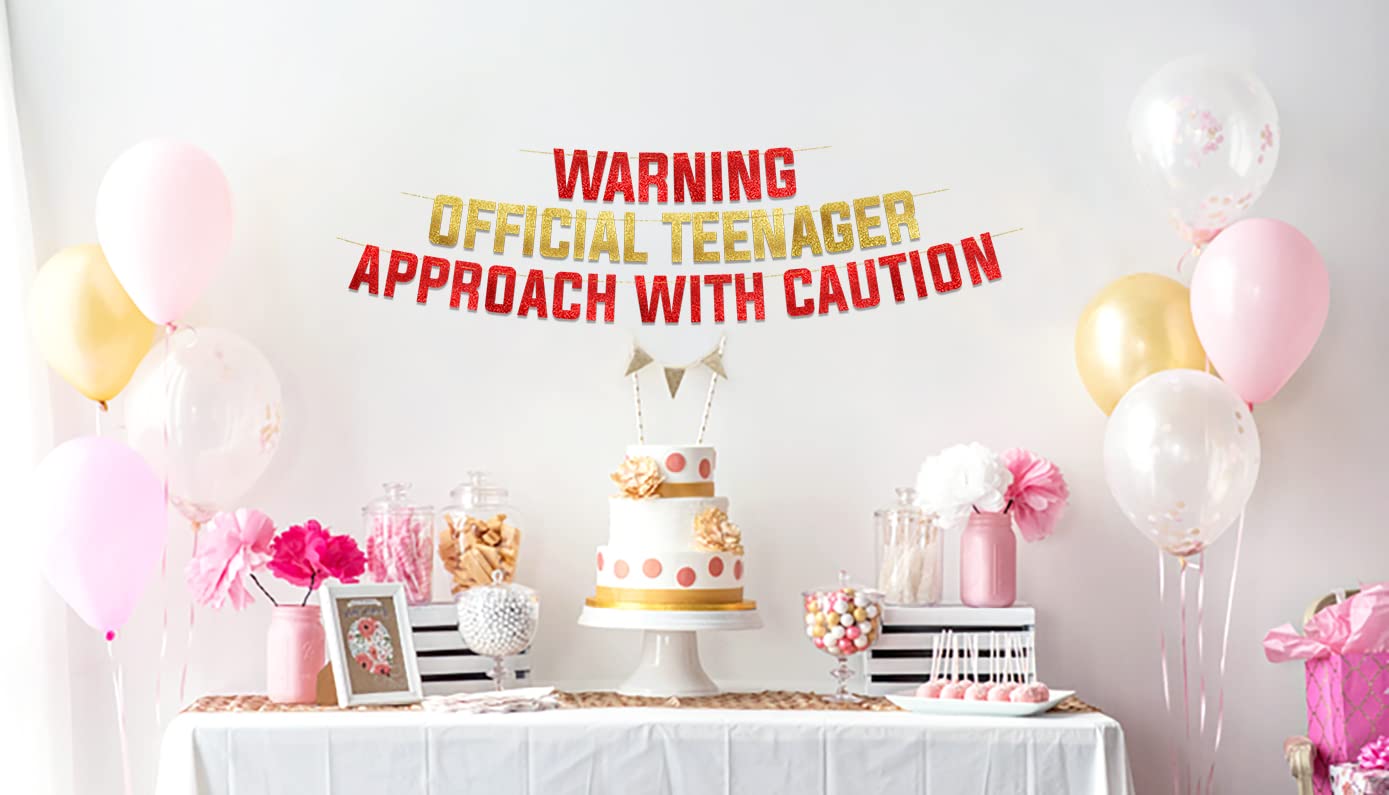 Warning Official Teenager Approach With Caution Gold Glitter Banner - 13th Birthday Party Supplies, Ideas, Gifts and Decorations
