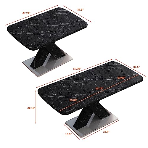 CEMKAR Modern Square Dining Table, 47.24β-62.99" L Stretchable, Printed Black Marble Table Top+MDF X-Shape Table Leg with Metal Base (Black)