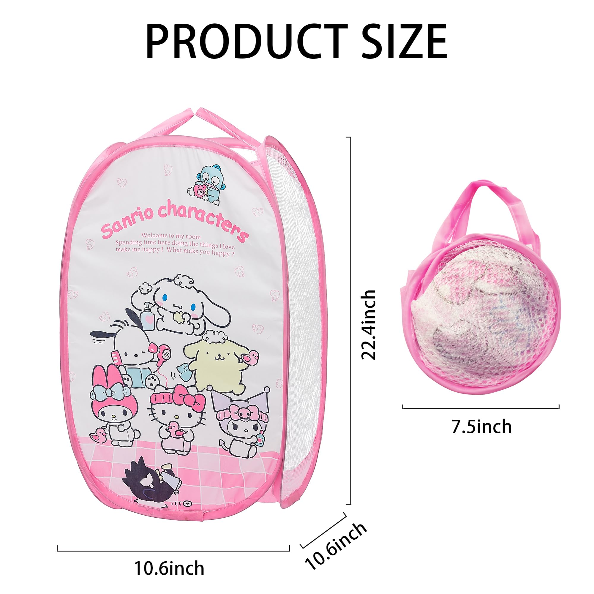 Cute Mesh Popup Laundry Hamper with Carry Handles, Large Capacity Foldable Lightweight Dirty Clothes Basket for Girls Room, Dorm | Travel & Camping