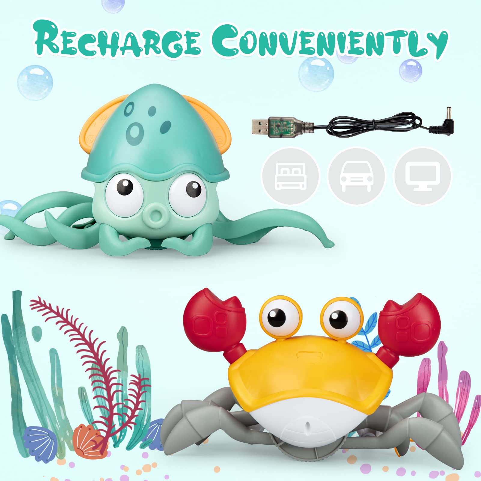 Baby Toys Crawling Crab and Octopus, Toddler Crawling Toys Automatically Avoid Obstacles, LED Light and Music Guide Baby to Crawl, Infant Toys Interactive Learning Development for Newborn Boys Girls