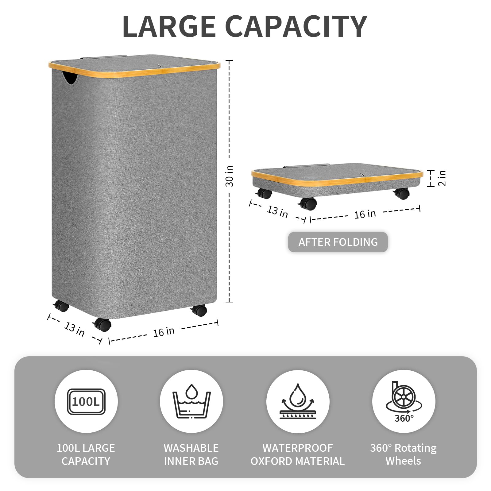 Laundry Hamper with Wheels and Lid, 100L Laundry Hamper on Wheels, Collapsible Storage Dirty Cloth Hamper with Removable Laundry Bag, Clothes Storage Basket with Handles for Home(Gray)