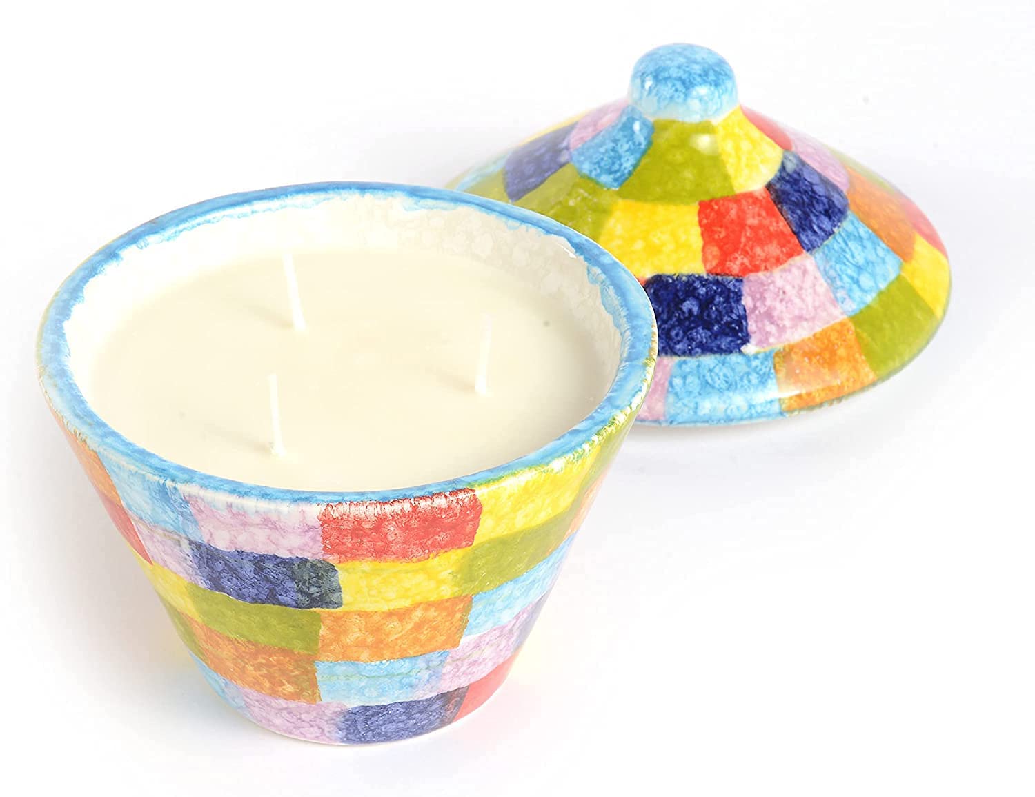 Handmade Italian 3 Wick Candle Scented Decorative Bowl w/Lid (4.25”) - Hand Painted Soy Candle Wax Inspired by Modigliani POP Collection – 40 Hour Burn Long Burn Candle w/Seaside Garden Scent