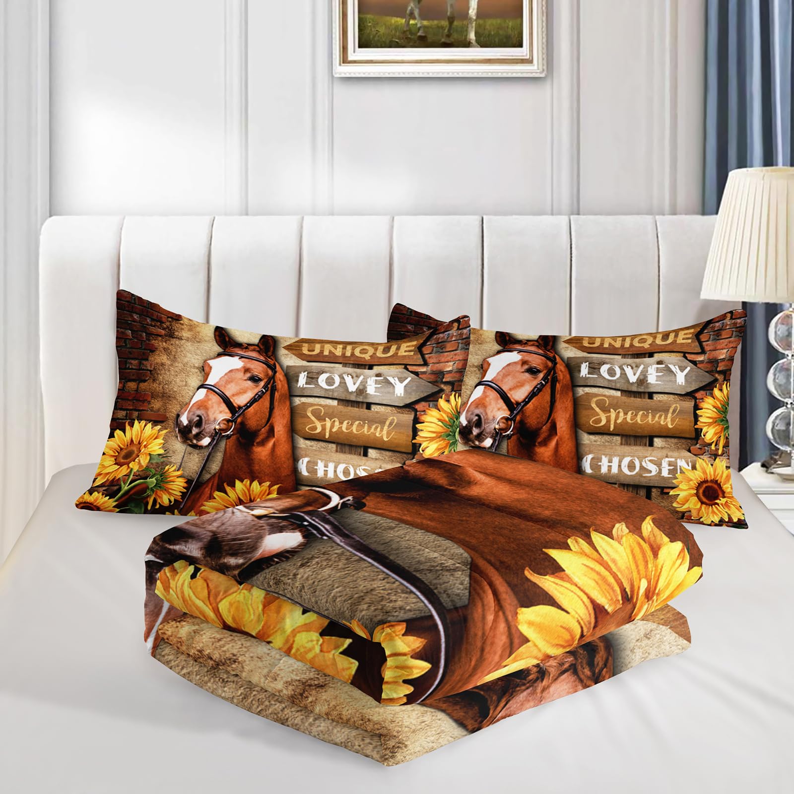 BSNTHO Horse Comforter Set Full Size,Peach Blossom 3 Piece Bedding Set,Girl Comforter with Pillow Shames, for All Seasons, Ultra-Soft, Lightweight, Breathable