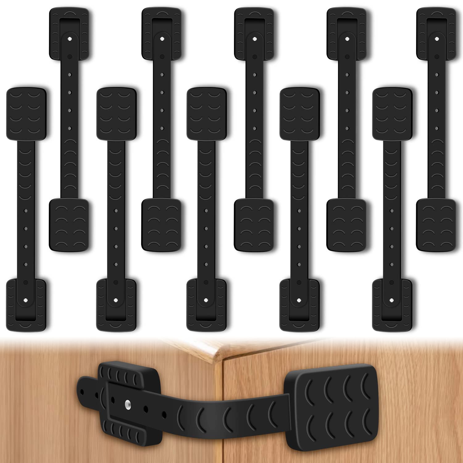 Baby Locks for Drawers(10 Pack) Safety Strap Locks Multi-Use Adhesive Straps Locks,for Cabinets and Drawers,Fridge,Oven,Toilet,Flexible Adjustable No Drilling Required Easy Installation-Black