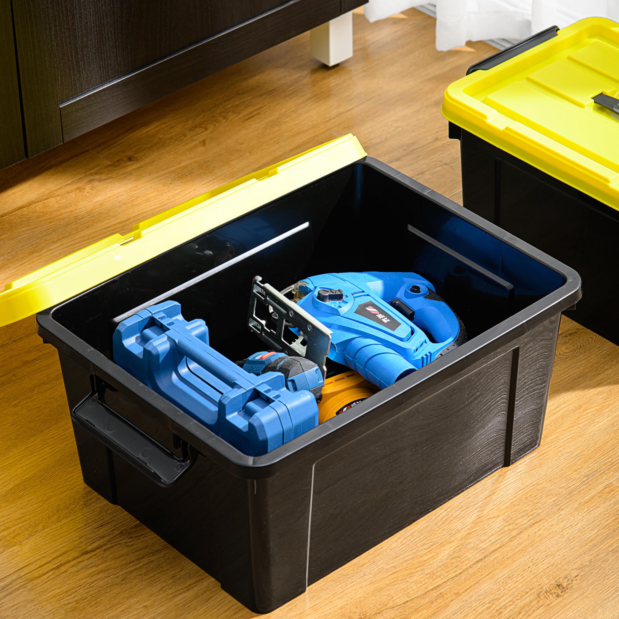 Cetomo Plastic Storage Bin Box Container Stackable with Lid and Secure Latching Buckles, Black, 40Qt x 6, Pack of 6