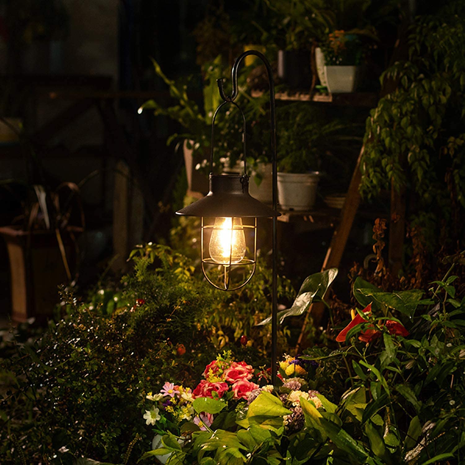Hanging Solar Lights Lantern Lamp with Shepherd Hook,Metal Waterproof Edison Bulb Lights for Garden Outdoor Pathway (Black)