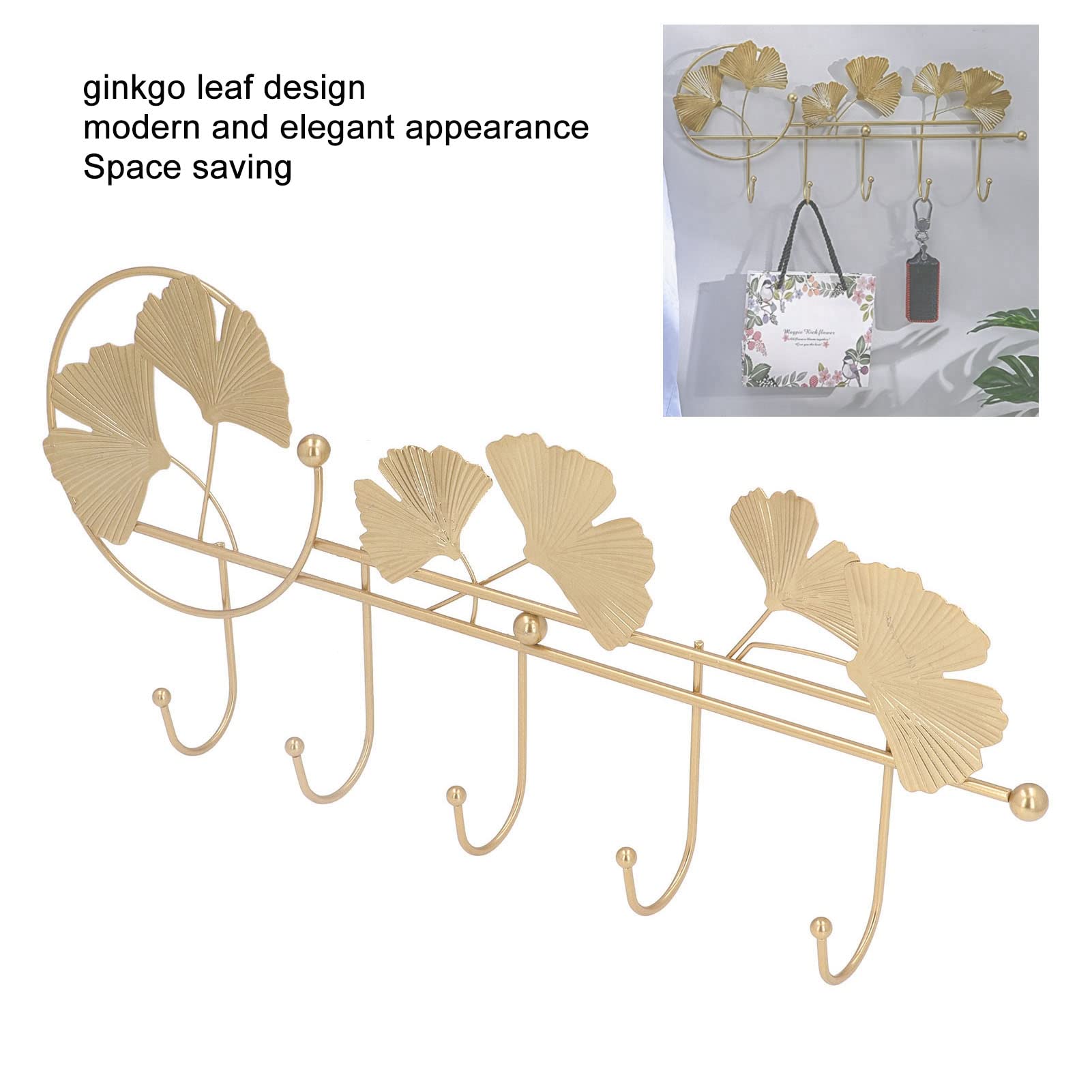 Coat Rack Wall Mount, Gold Ginkgo Leaf Shaped Coat Hanger Wall Hooks for Keys Hat Towel Purse Robes Jacket Clothes