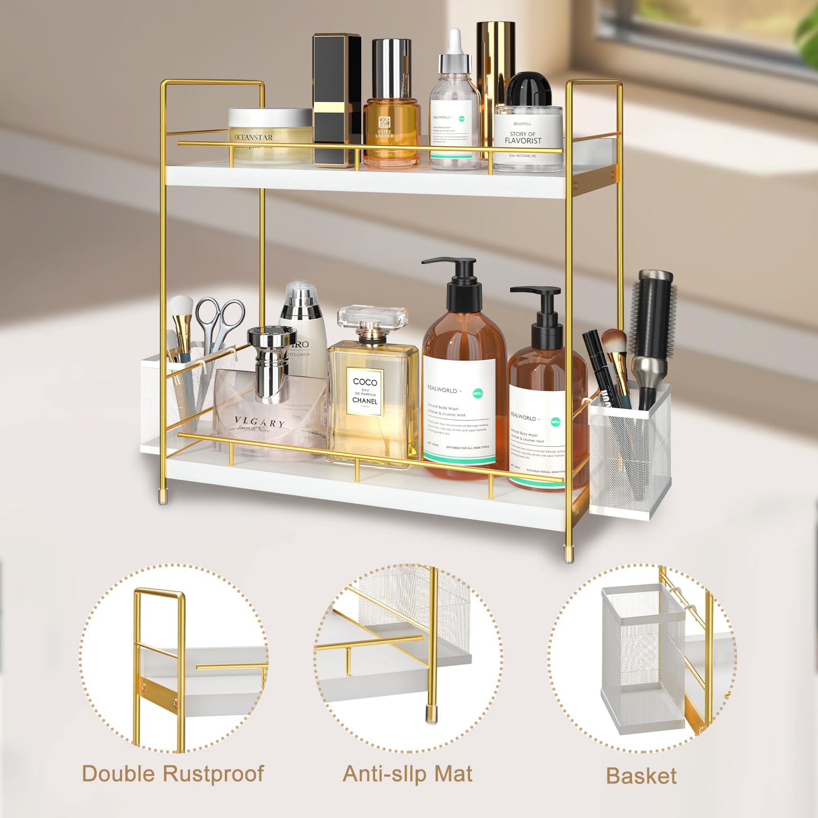 BSTSLL Bathroom Organizer Countertop, 3 Tier Bathroom Counter Organizer with Basket for Skin Care Organizer, Bathroom,Kitchen, Vanity Organizer