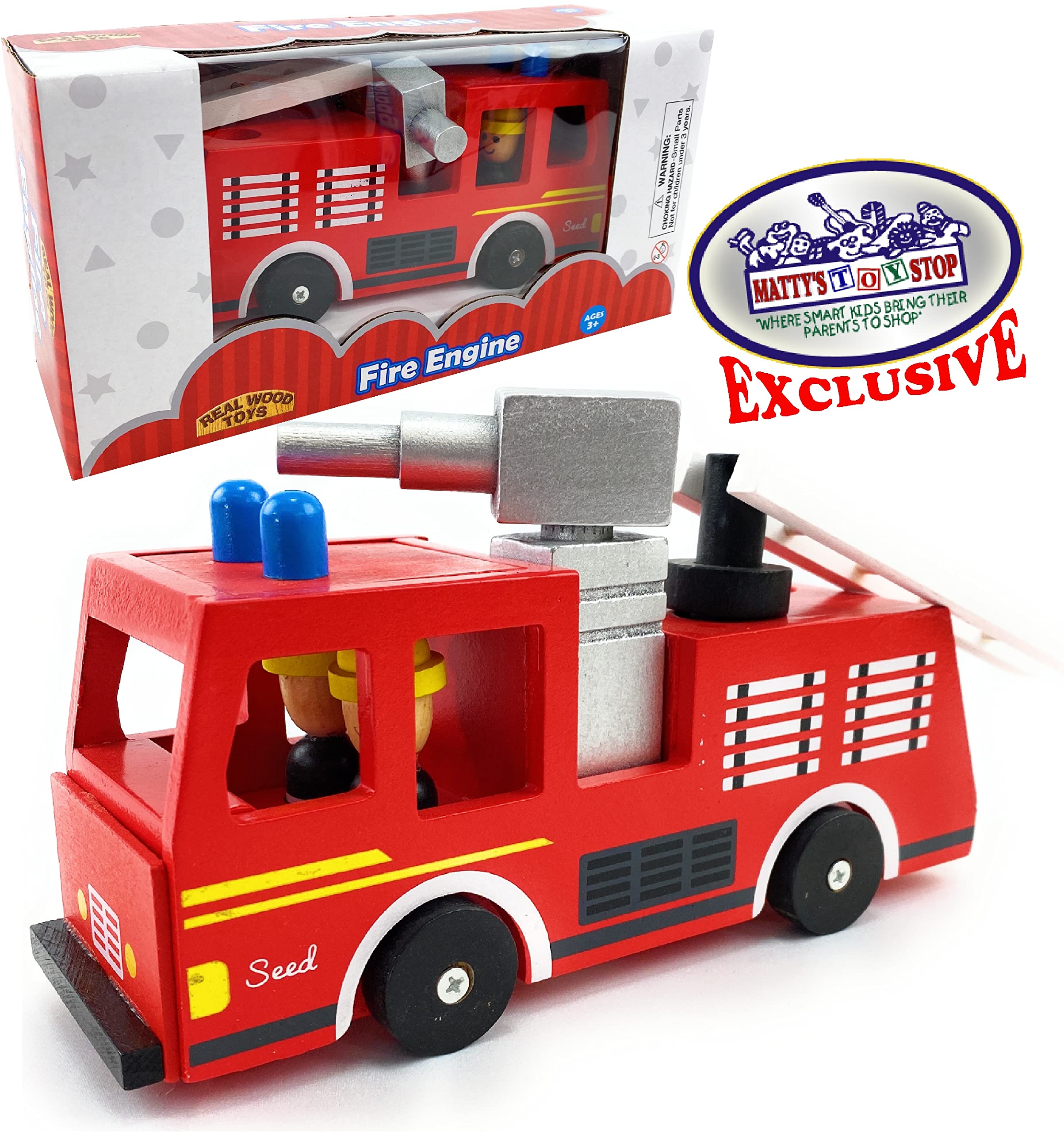 Matty's Toy Stop Deluxe Wooden Vehicle Set Featuring a School Bus (with 5 Play Figures), Fire Engine (Fire Truck) and Garbage Truck Gift Set Bundle - 3 Pack