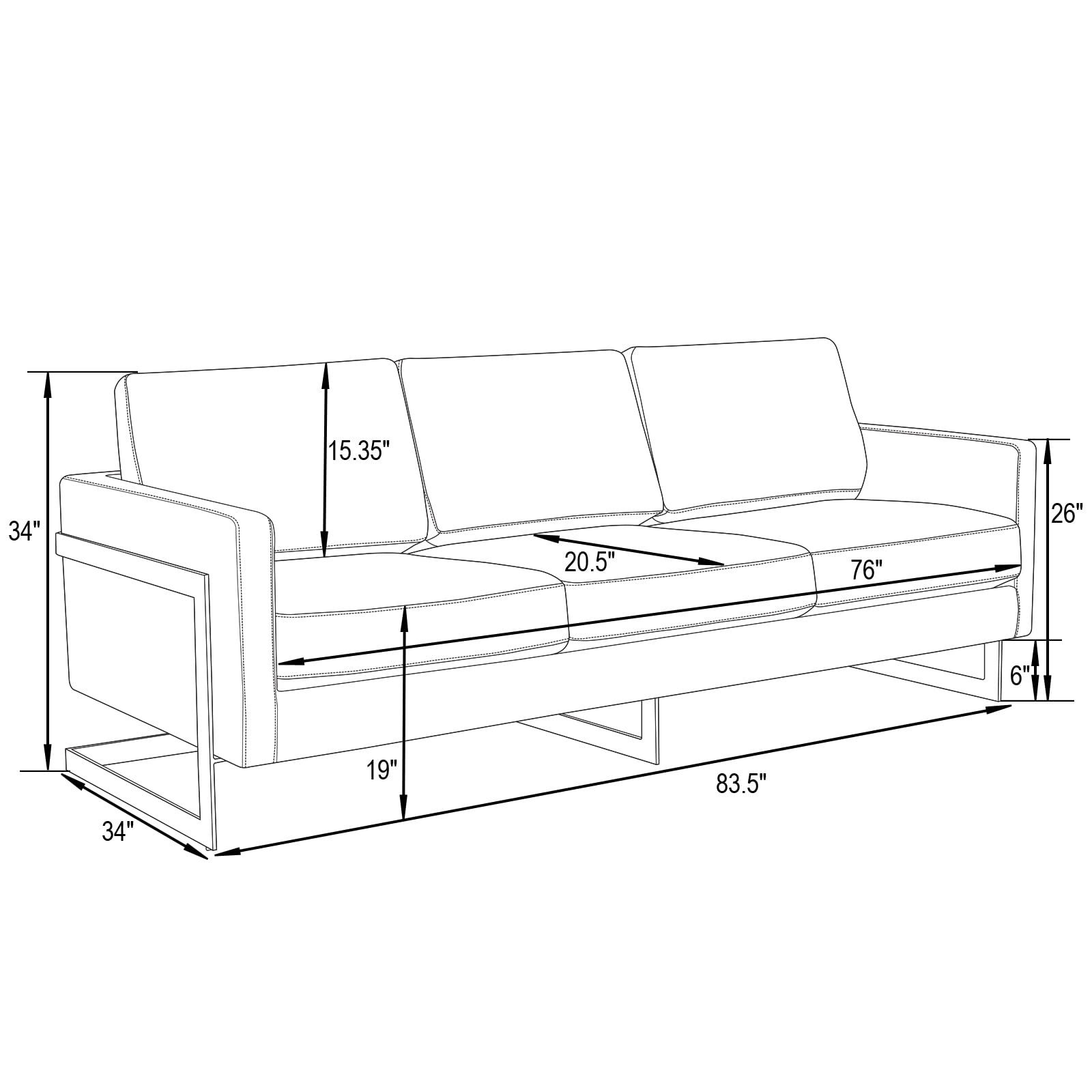 LeisureMod Lincoln Modern Mid-Century Upholstered Leather 83" Sofa with Gold Frame (Cognac Tan)