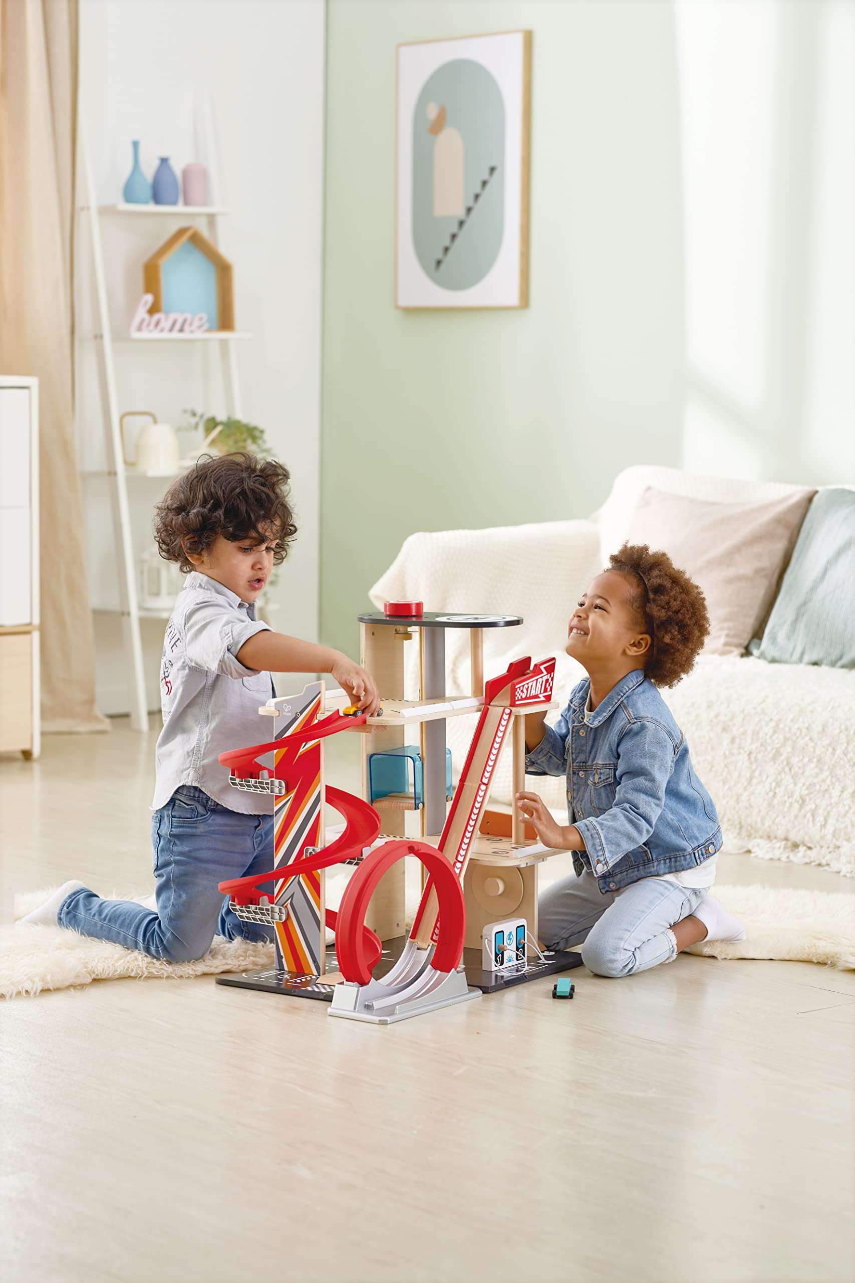 Hape Gearhead Stunt Garage Kids Wooden Toy Car Parking Garage Playset w/Elevator and 2 Exit Tracks, Detachable Loop, Includes 2 Wooden Toy Racecars