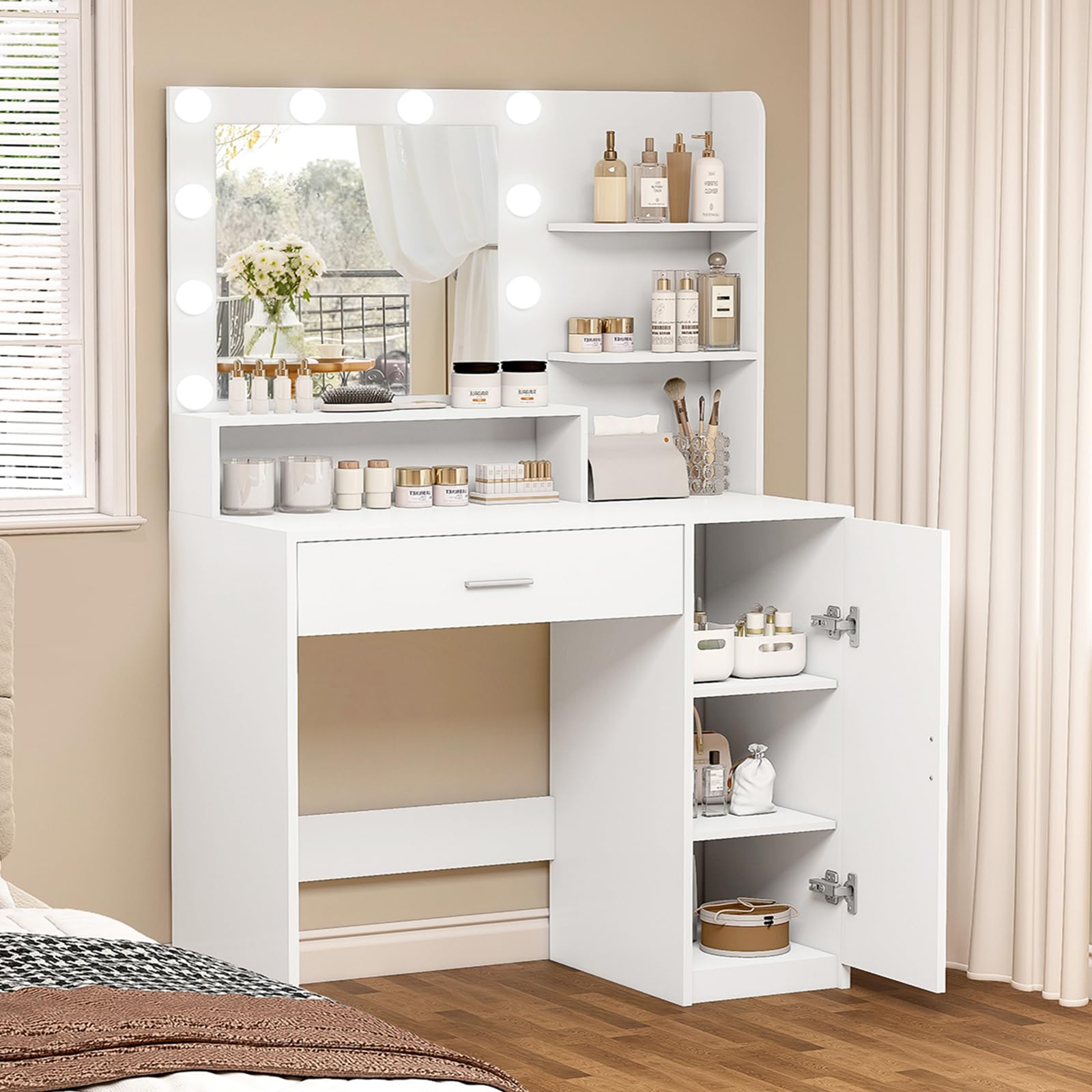 FIONESO Vanity Desk with 10 Lights & Mirror, 3 Storage Shelf, Big Drawer, Cabinet with Shelves, 3 Lighting Modes & Adjustable Brightness Dressing Table, Small Makeup Vanity, 35.4β Desk,Black