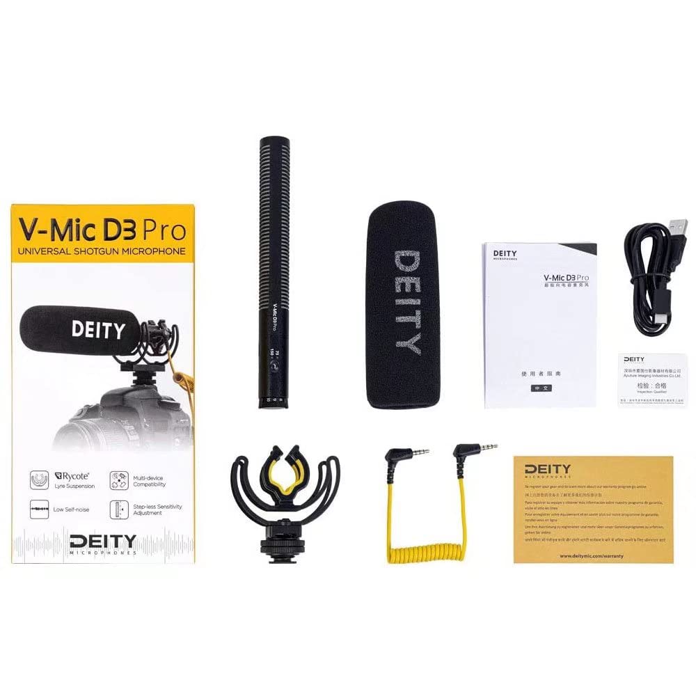 Deity V-Mic D3 Pro Super-Cardioid Directional Shotgun Microphone with Rycote Shockmount for DSLRs, Camcorders, Smartphones, Handy Recorders, Laptop and Bodypack Transmitters, W/Pergear Windscreen
