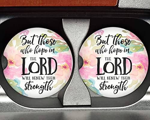 But Those Who Hope in The Lord Will Renew Their Strength - Christian Ceramic Car Coasters - Religious Gifts for Her (Pink Floral)