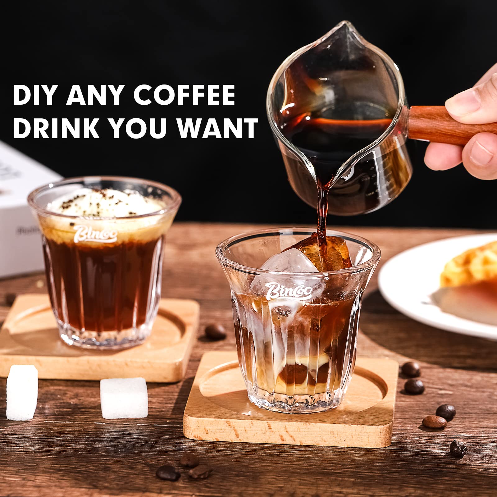 Bincoo Glass Coffee Mug Set 2x90ML, Clear Glass Coffee Mugs with Wooden Coasters, Coffee, Cappuccino, Latte, Espresso Glass Cup Heat Resistant