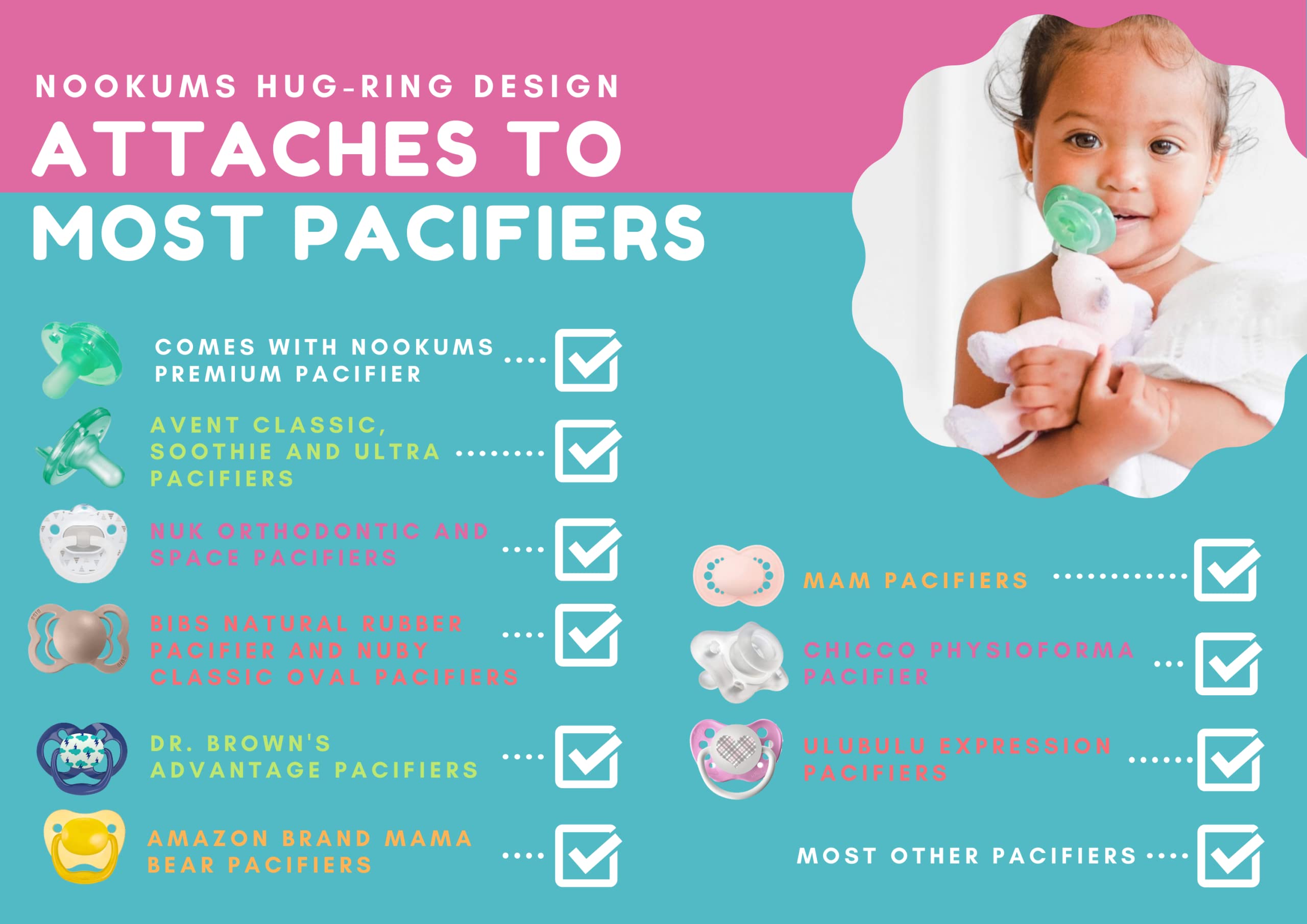 Nookums Paci-Plushies Buddies Adapts to Most Name Brand Pacifiers, Safe and Suitable for All Ages, Plush Toy Includes Detachable Pacifier (Ella The Elephant)
