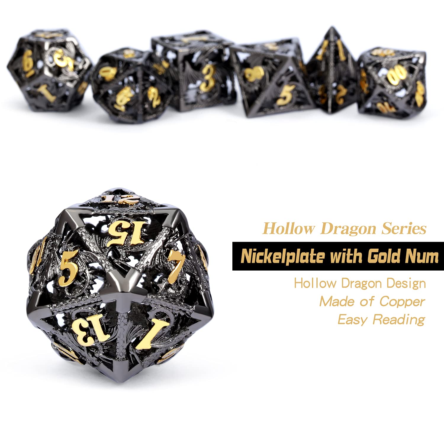 Dragon Hollow Metal DND Dice Set, DNDND 7 D&D Die Set with Metal Gift Tin for Dungeons & Dragon Game (Black with Gold Number)