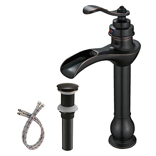 BWE Vessel Sink Faucet Oil Rubbed Bronze Waterfall Farmhouse Rustic with Pop Up Drain Assembly and Supply Hose Lead-Free Single-Handle Single Hole Bathroom Faucet Vanity Lavatory Mixer Tap Tall Body
