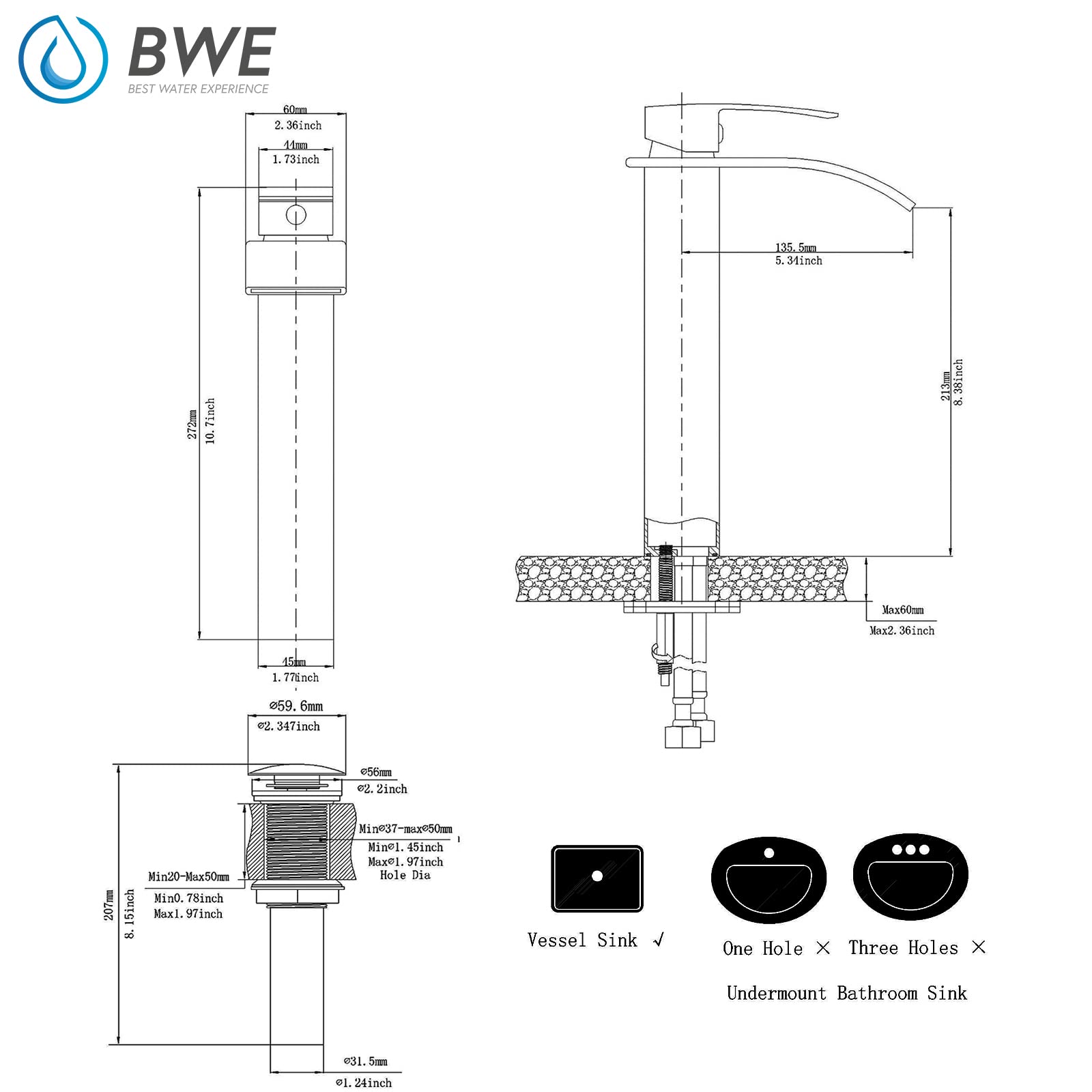 BWE Vessel Sink Faucet Modern Waterfall Brushed Nickel Single Hole Bathroom Faucet Single Handle with Pop up Drain Without Overflow Assembly Vanity Basin Bath Sink Faucets Mixer Tap Lead-Free