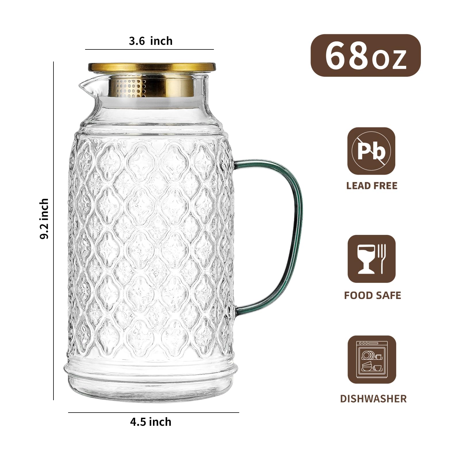 Buaic Glass Pitcher with Lid, 2 PACK 68 oz/2 Liter Vintage Water Pitcher, Clear Borosilicate Glass Water Carafe for Cold Brew, Coffee, Lemonade, Iced Sun Tea,Beverage, Heat Resistant Water Glass Jug