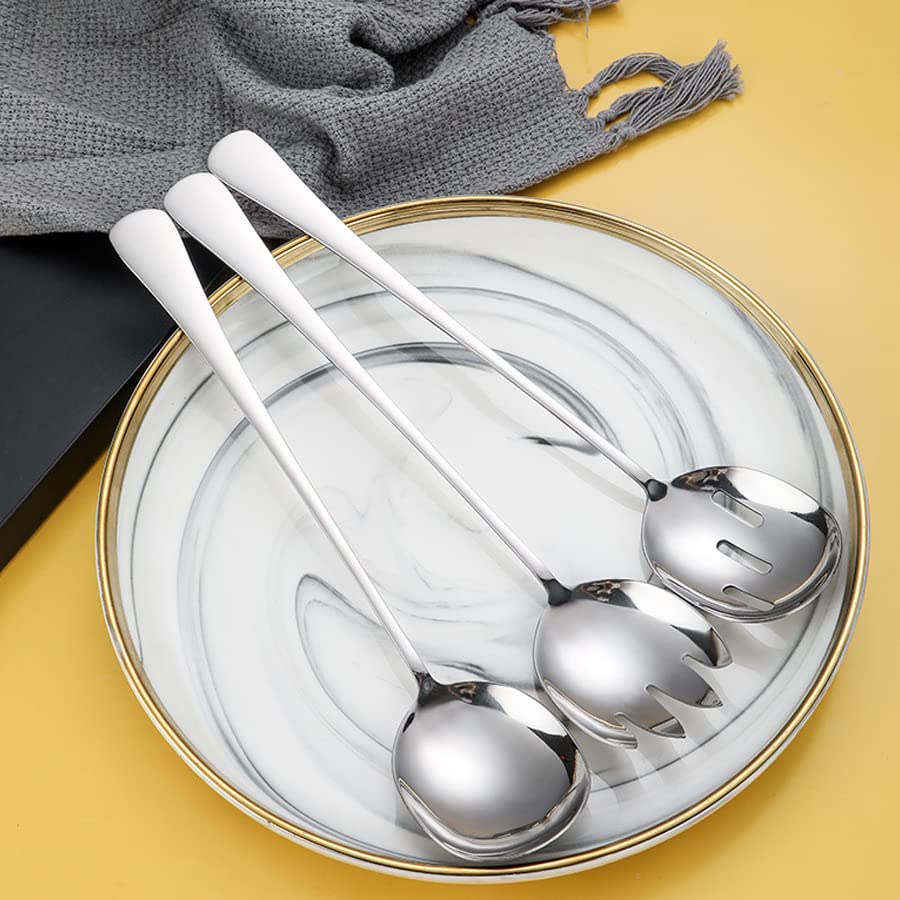 ARFUKA Salad Servers Salad Serving Sets Stainless Steel 11" Buffet Salad Spoon and Salad Fork Dishwasher Safe Large Metal Serving Utensils Silver, Set of 3