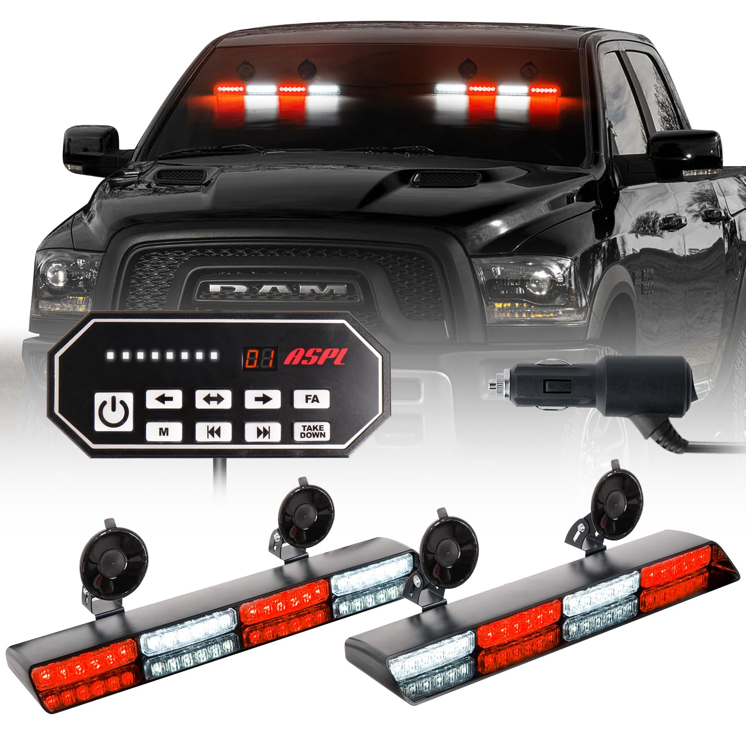 ASPL 2x16.8 inch Dash Emergency Strobe Lights with Control 48LED Flashing Warning Interior Windshield Light Bar with 4 Vacuum Suction Cups Traffic Advisor LED for Trucks Vehicles (Red/White)