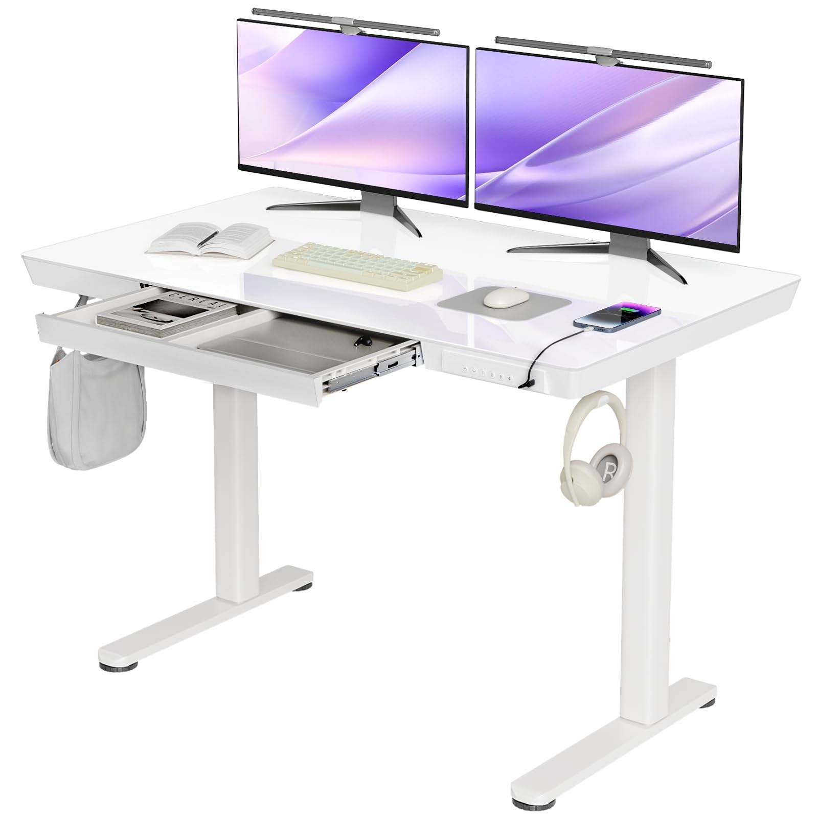 Claiks Glass Standing Desk with Drawers, 40 Inch Adjustable Stand Up Desk, Quick Install Home Office Computer Desk with USB Ports, White