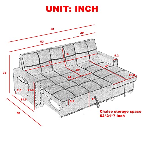 EMKK Home Reversible Sleeper Sectional Sofa Chaise, L-Shape Sofá Pull-Out Bed w/Side Storage Bag Furniture Setfor Apartment,Living Room,Office, Black 82“
