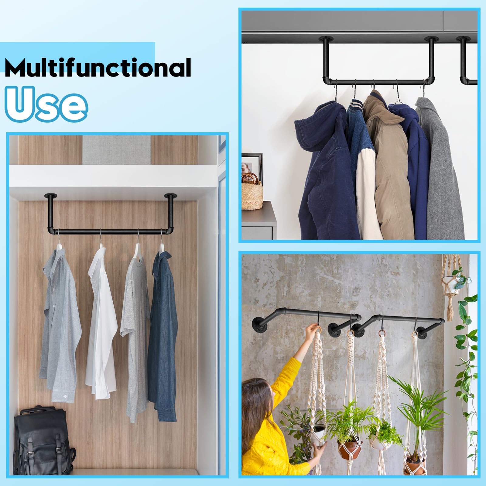 Boshangjia Industrial Pipe Clothes Rack Set of 2, 21” Heavy Duty Wall Mounted Clothing Rack Multi-Purpose Garment Bar, Space-Saving Hanging Rod for Laundry Room,Closet Storage