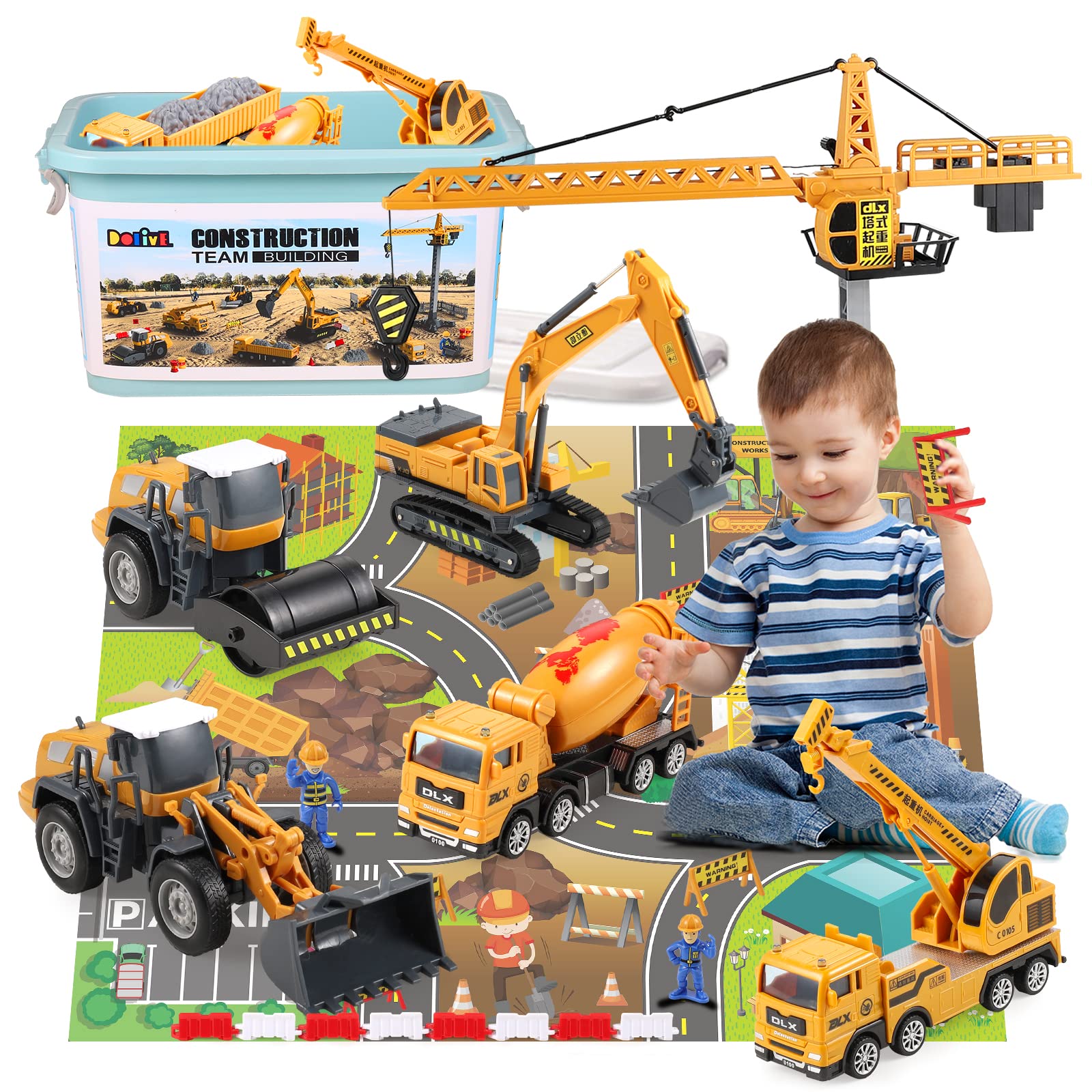 PANITU Construction Truck Toy Set with Game Mat and Storage Bucket, Kids Engineering Cargo Transport Vehicles Site Playset, Tractor, Crane, Dump Trucks, Excavator, Gift for 3 + Toddlers Boys Children