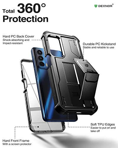 Dexnor for Motorola Moto Edge 2021 Case | Motorola Edge 5G UW Case, [Built in Screen Protector and Kickstand] Heavy Duty Military Grade Protection Shockproof Protective Cover for Men Women(Black)