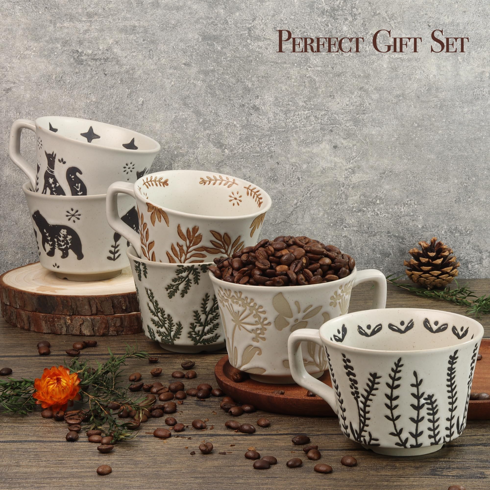 LINVIA Ceramic Coffee Mug, 12 oz Novelty Unique Teacup with Large Handle, Stoneware Cup for Tea Mocha Latte Cappuccino Espresso (Set of 2, Ivy and Leaf)