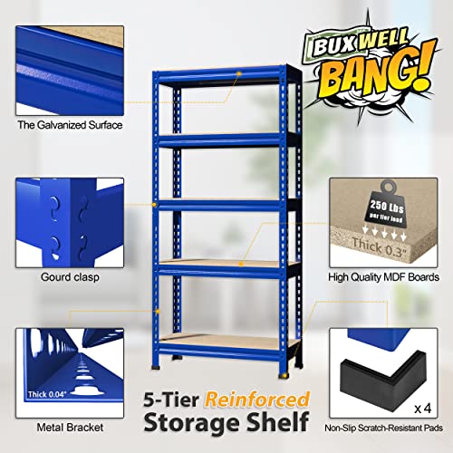 BuxWellBang 5-Shelf Heavy Duty Shelving - Adjustable Garage Storage Shelves, Metal Utility Storage Racks for Warehouse Pantry Basement Kitchen, Utility Shelves,Blue