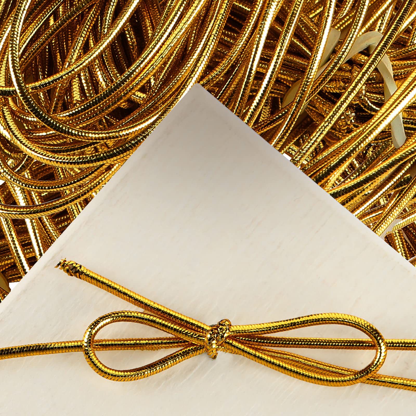 Jutom 100 Pcs Stretch Loops 16" Metallic Elastic Cord, Pre Tied Ornament Strings, Elastic Ribbon for Tags, String Bows for Christmas Decoration Gifts Wrapping Boxes(Gold)