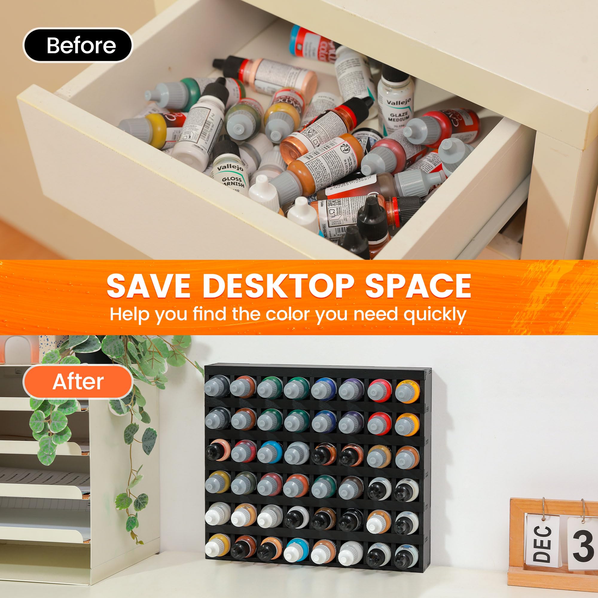 Bkaleme Paint Holder Organizer, Wall Mounted Citadel Paint Rack, Dedicated to Vallejo Paint Storage, Wooden 48 Holes Acrylic Paint Organization Rack