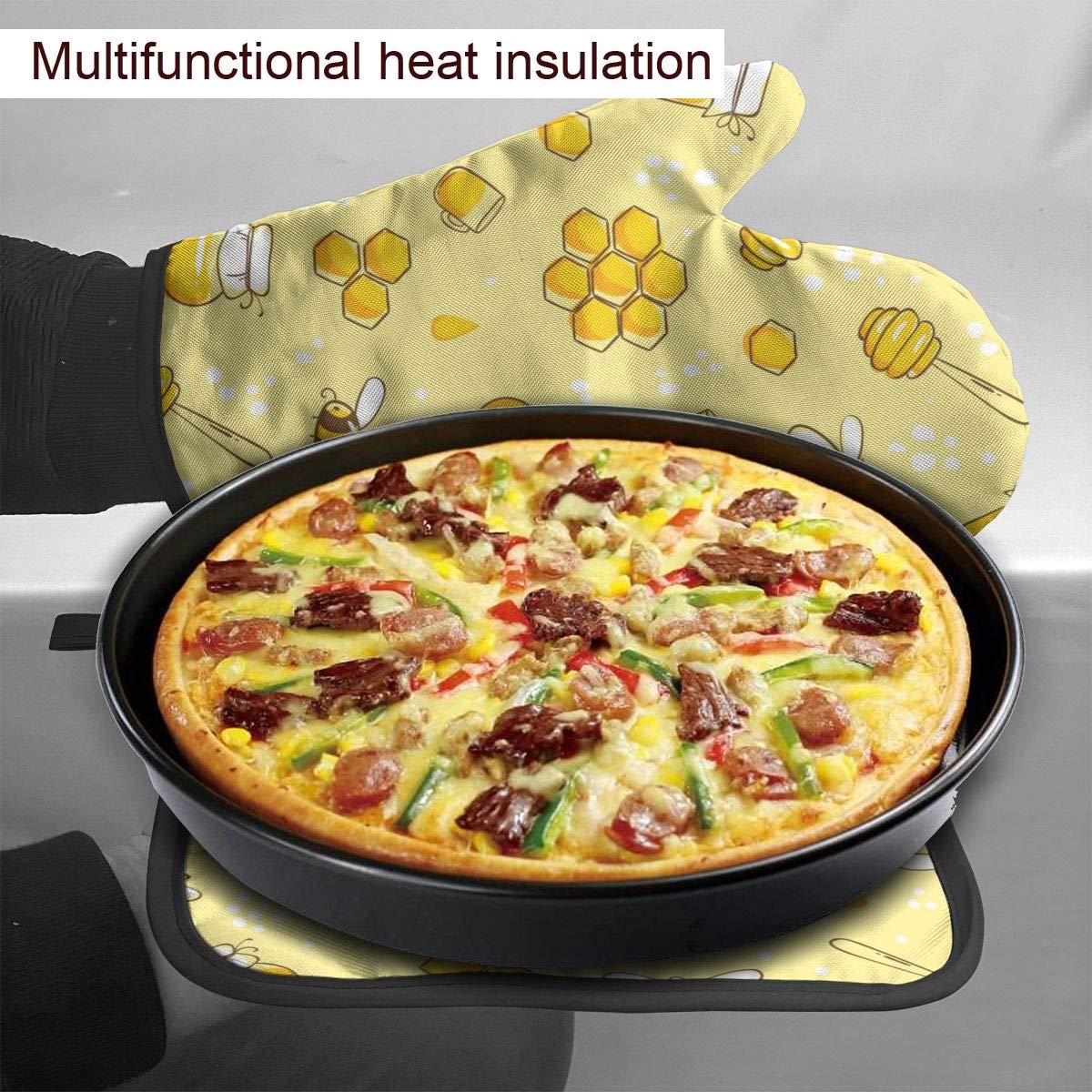 Bee Oven Mitts and Pot Holders Sets Heat Resistant Oven Gloves with Non-Slip Surface for Reusable for Baking BBQ Cooking