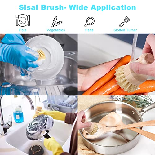 Bamboo Dish Brush Set, 4 Pcs Palm Wooden Dish Scrubber Brush, Dish Brushes, Durable Wood Dishes Scrub Brush, Natural Round Vegetable Cleaning Pots Pans Sink Washing Kitchen Brush by Aisuly