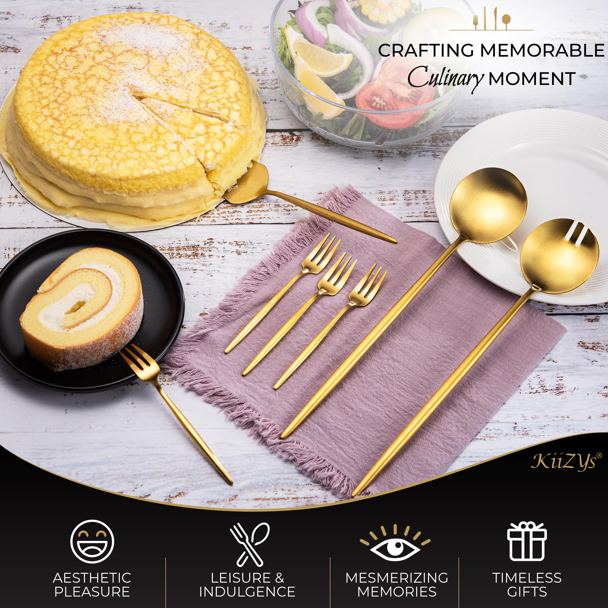 KiiZYs Matte Gold Serving Spoons and Forks Set of 7, Serving Utensils Set 11 inch, Cake Cutter, Salad Server, Pie Server Stainless Steel Flatware Tongs Tosser Kitchen Silverware Gift Box