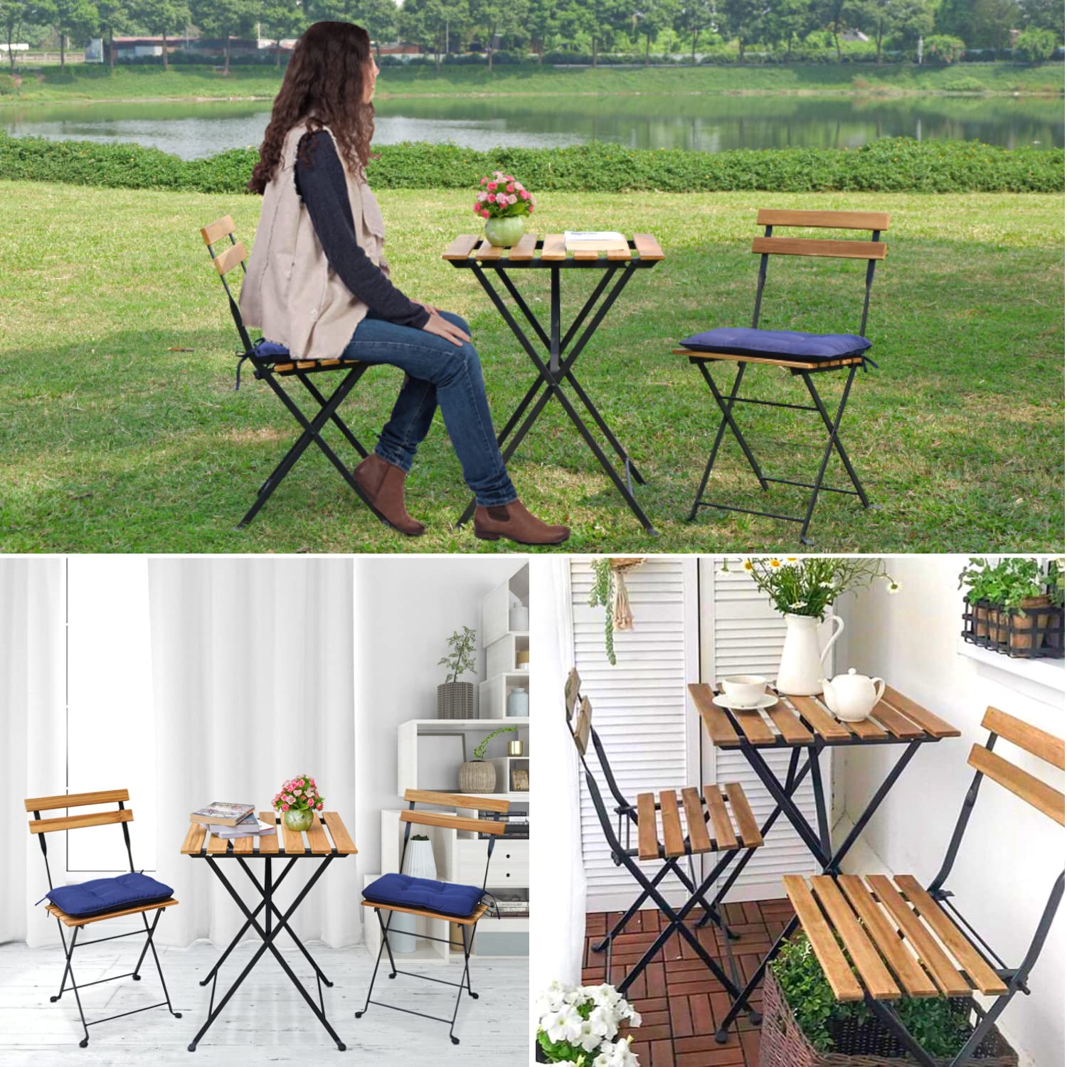 BEEFURNI Wooden Folding Table and Chairs with Cushions for Small Spaces, Teak Wood Bistro Set 3 Piece Outdoor Indoor, No Assembly Required, Perfect Size for Your Balcony, Garden, Backyard, Patio