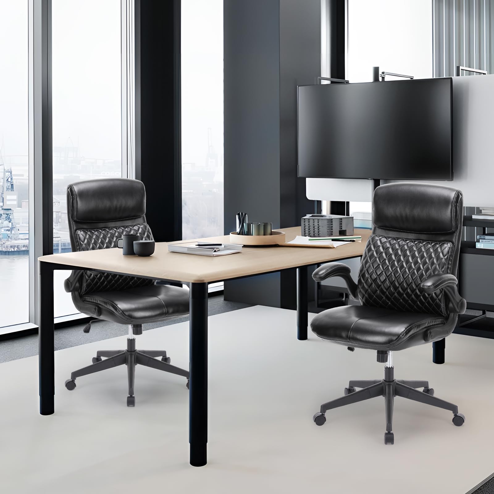 COLAMY Office Desk Chair-Executive Computer Chair, Ergonomic Leather Office Chair with Padded Flip-up Armrests, Adjustable Height Swivel Rolling Work Study Chair for Home Office Conference Room-Black