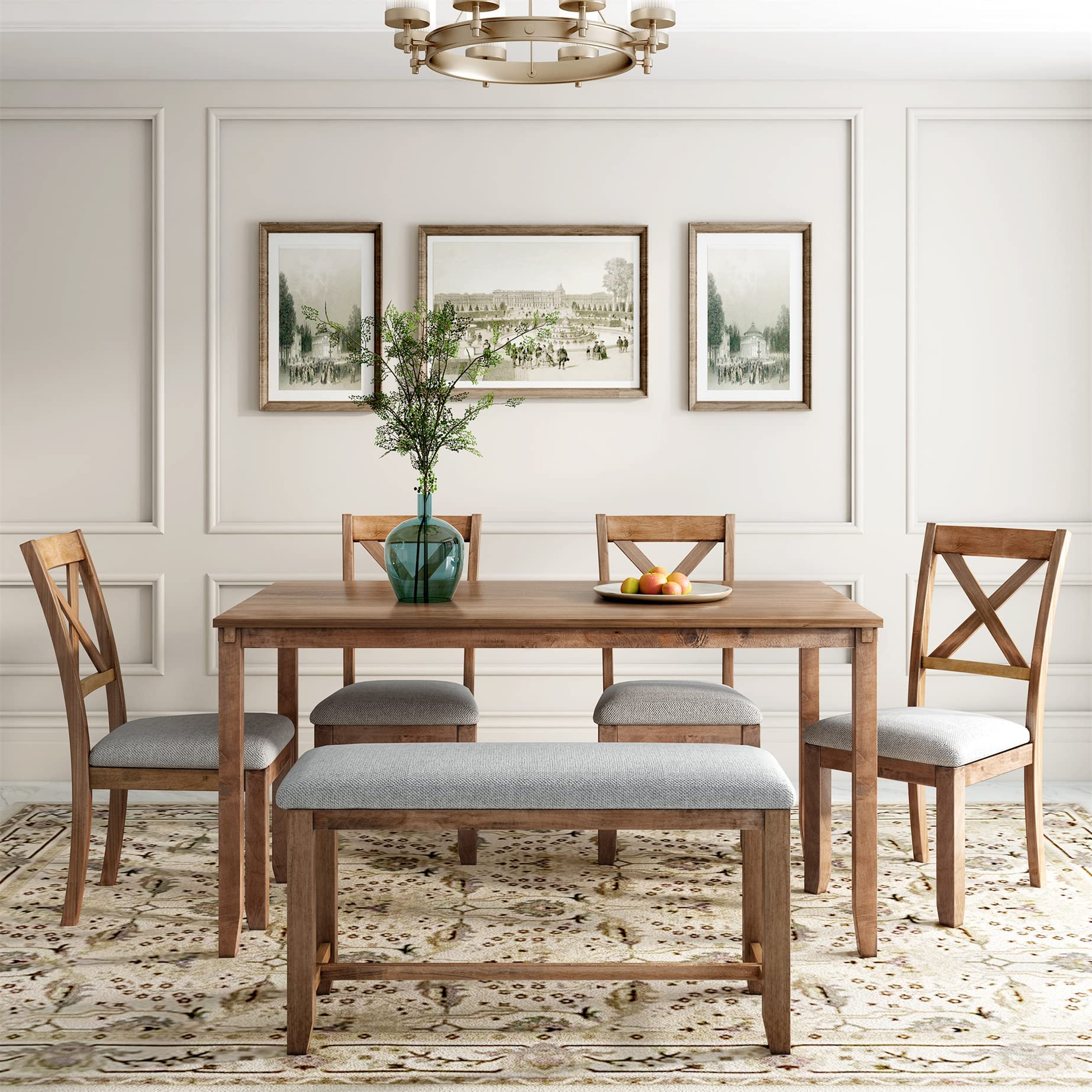 Merax 6-Piece Kitchen Set, Wooden Rectangular Dining-Table, 4 Chairs and Bench Family Furniture, Natural Cherry & Beige