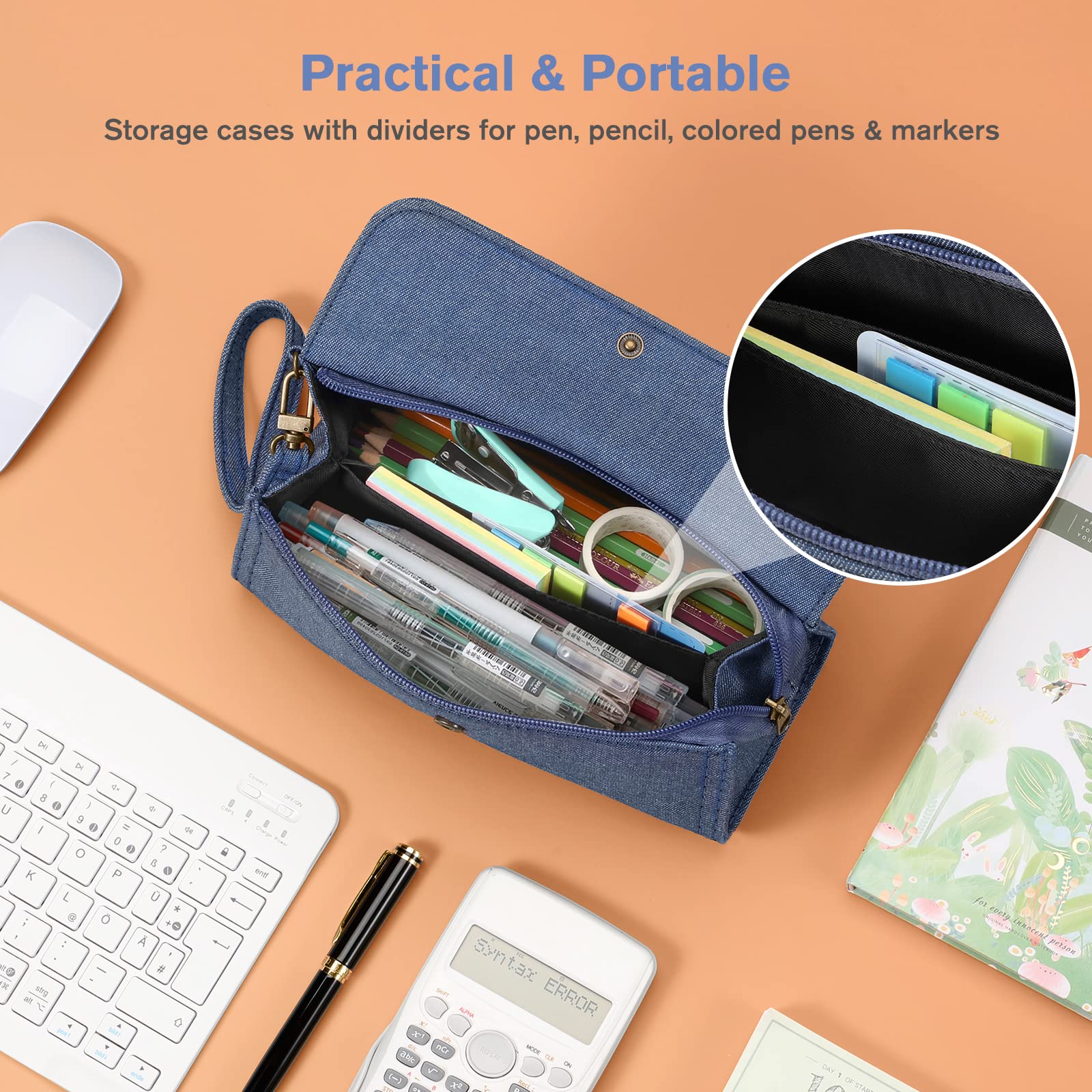 FINPAC Big Capacity Pencil Case, Pen and Marker Holder Organizer Bag, Canvas Pencil Box Stationery Pouch w/Zipper and Wrist Strap for Adults Artist College Senior, Navy