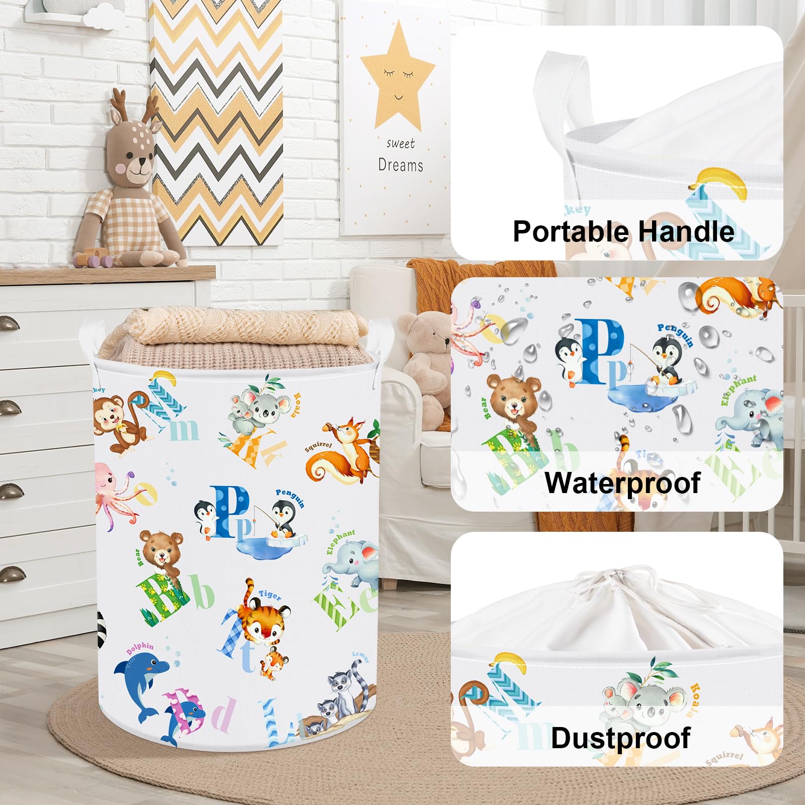 Clastyle 45L Cute Alphabet Animals Laundry Hamper for Boy Girl Colourful Round Toy Clothes Storage Basket for Nursery Room, 14.2x17.7 in
