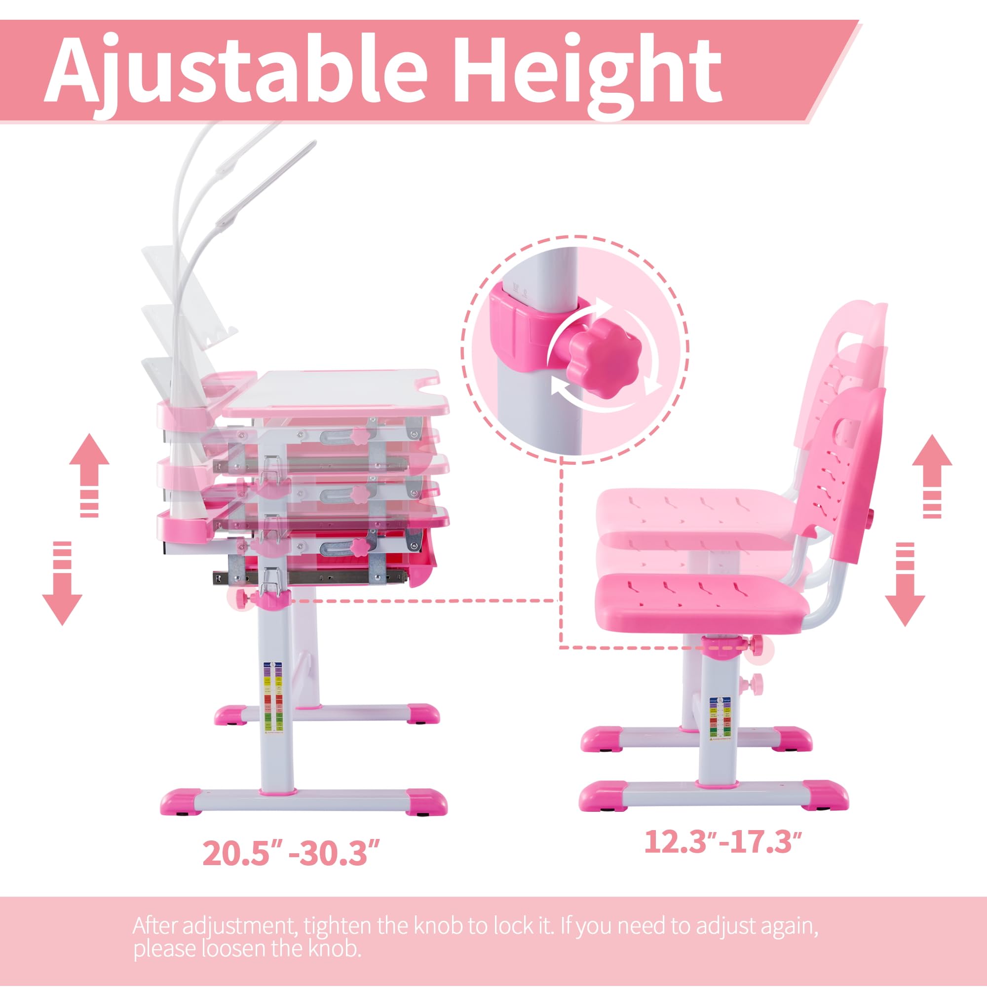Gowxil Kids Study Desk and Chair Set, Multi Functional Height Adjustable Children School Study Desk with Tilt Desktop, Bookstand, LED Light, Metal Hook and Storage Drawer for Boys Girls, Pink