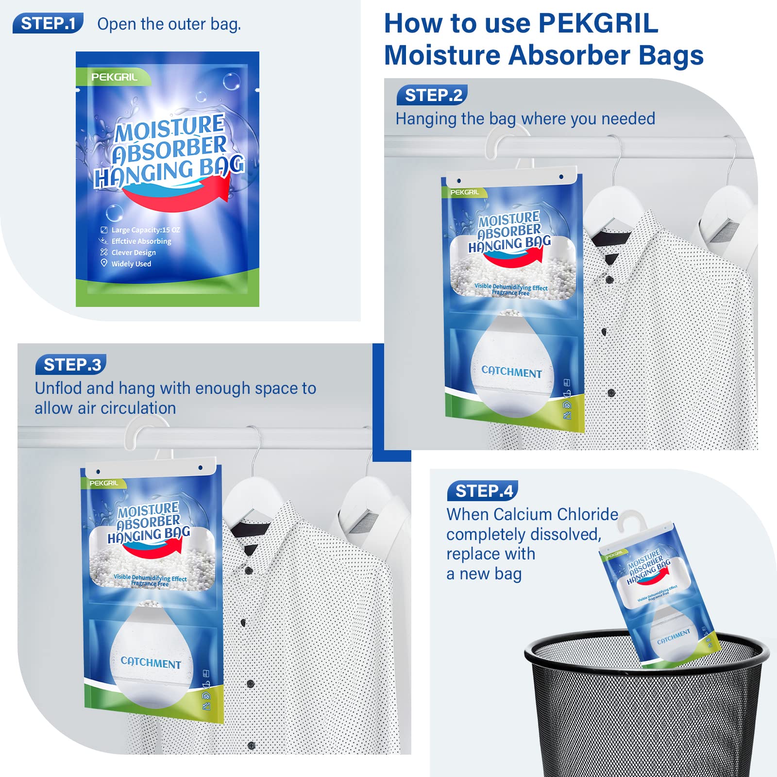 PEKGRIL Moisture Absorber Boxes 500mL (8 Packs),Fragrance Free Dehumidifier, Moisture Absorber bucket,Attracts Extra Moisture from Closets,Bathrooms,Laundry Rooms,Pantries, Storage