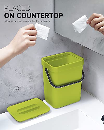 Compost Bin for Kitchen Countertop - MONGTINGLU 5L/1.3 Gal Hanging Small Trash Can with Lid, Kichen Under Sink Trash Can, Wall Mount Indoor Compost Bucket with Lid(Lime Green)