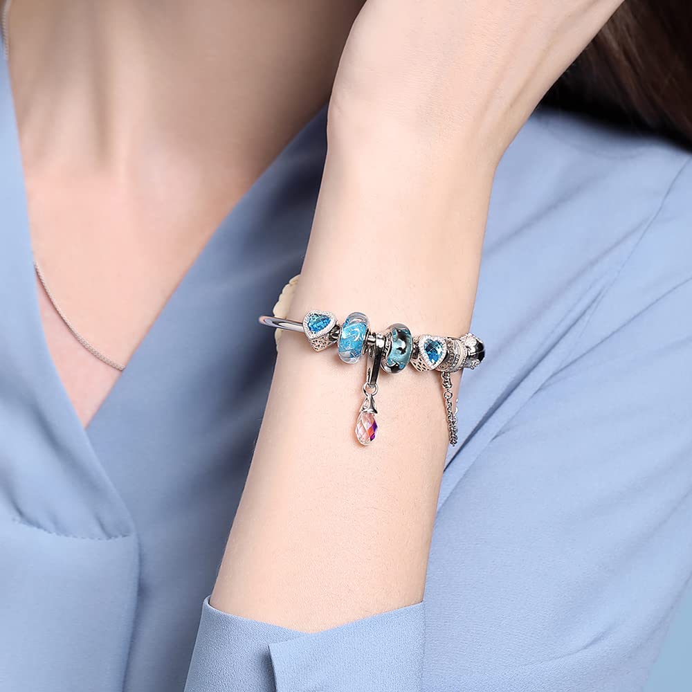 ATHENAIE Murano Glass 925 Sterling Silver Blue Glittering Ocean Wave Charms Beads for Bracelet Christmas Gift