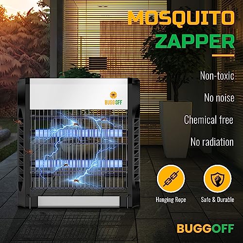 BUGGOFF Black Modern Indoor Electric Bug Zapper, 2000 SQFT Coverage, 3500 Volts of Stunning Power, 40 Watts, Kills Mosquitos Gnats, Flys & More. 10 Year Warranty, X2 Free Replacment Bulbs